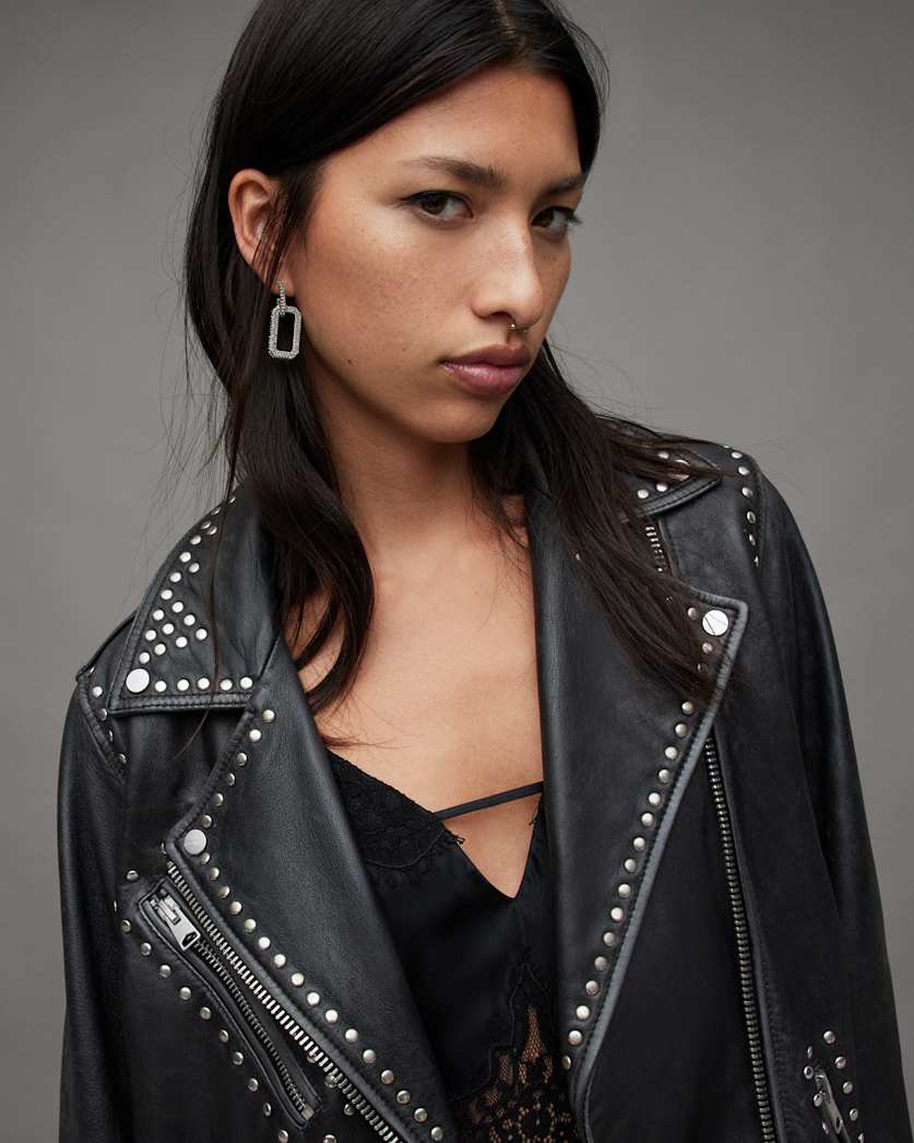 Billie Leather Rocker Studded Biker Jacket Washed Black | ALLSAINTS